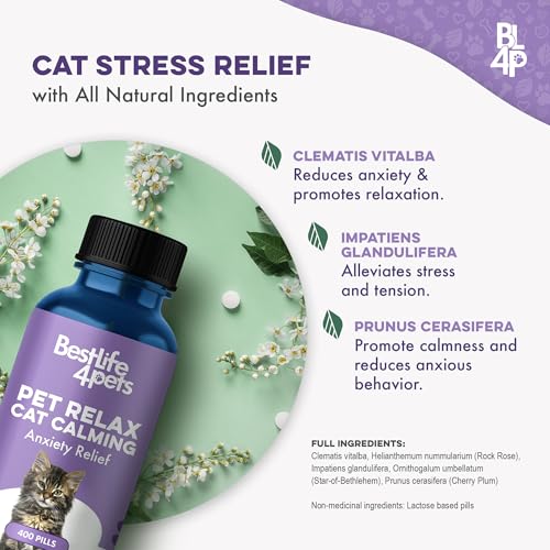 Pet Relax Cat Calming Anxiety Relief - Natural Calming Care for Cats, Cat Stress and Anxiety Relief, Soothes Separation Anxiety, Homeopathic Feline Aid for Travel - 400 Odorless, Tasteless Pills