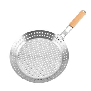 bafnsiji stainless steel grill pan with hole, non-stick bbq frying pan, non-stick barbecue skillet, 430 stainless steel grilling pans, folding wooden handle bbq pan