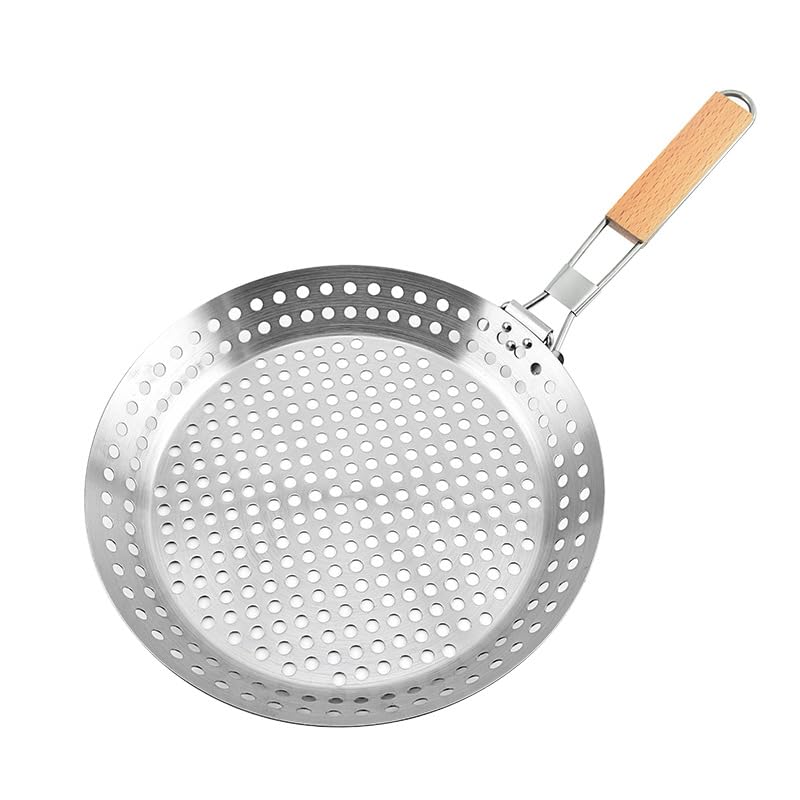 Bafnsiji Stainless Steel Grill Pan with Hole, Non-Stick BBQ Frying Pan, Non-Stick Barbecue Skillet, 430 Stainless Steel Grilling Pans, Folding Wooden Handle BBQ Pan