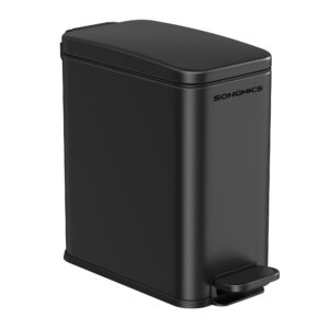 songmics bathroom trash can, 1.3 gallon (5 l) small trash bin with lid, slim for small spaces, stainless steel garbage can, soft close, black ultb560b05