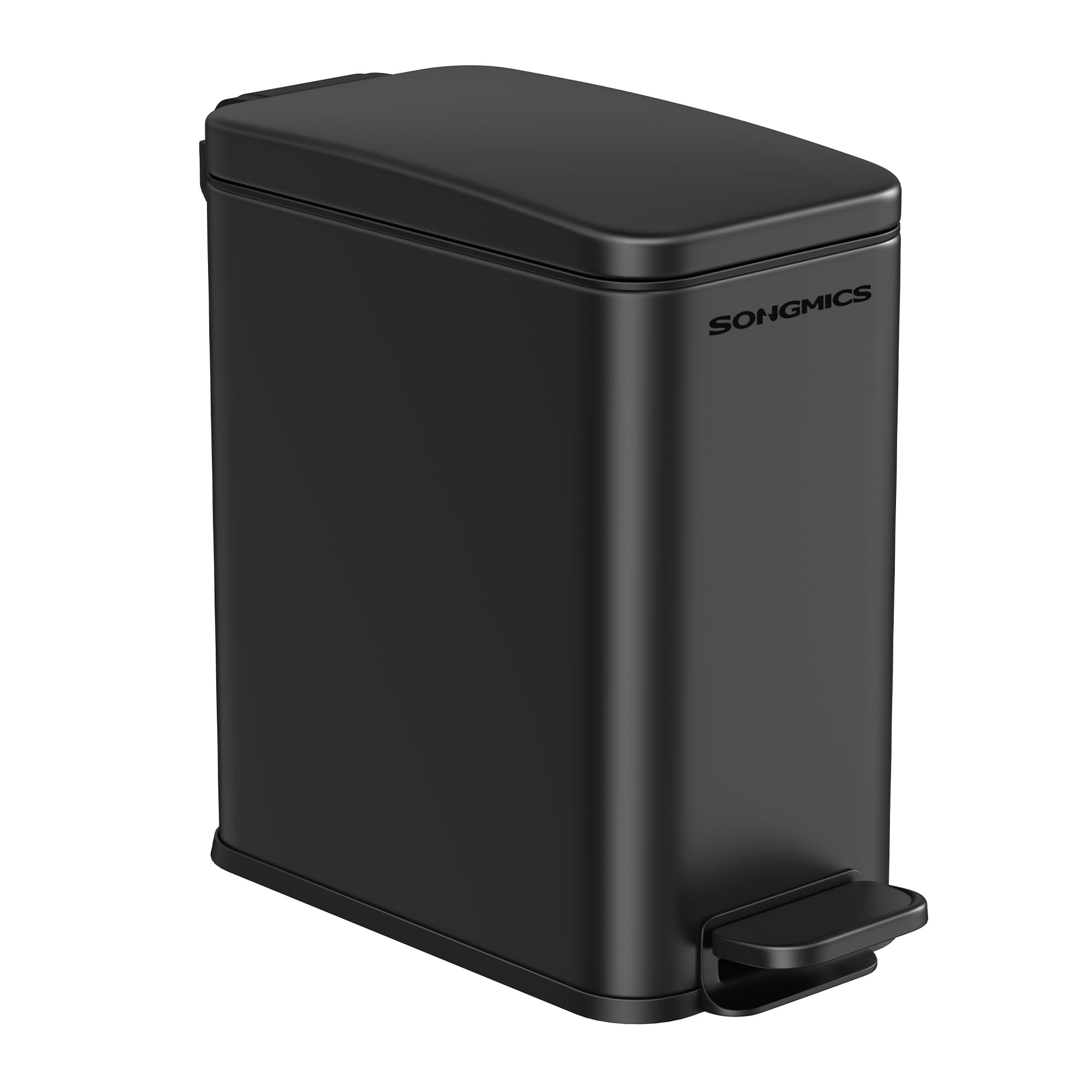 SONGMICS Bathroom Trash Can, 1.3 Gallon (5 L) Small Trash Bin with Lid, Slim for Small Spaces, Stainless Steel Garbage Can, Soft Close, Black ULTB560B05