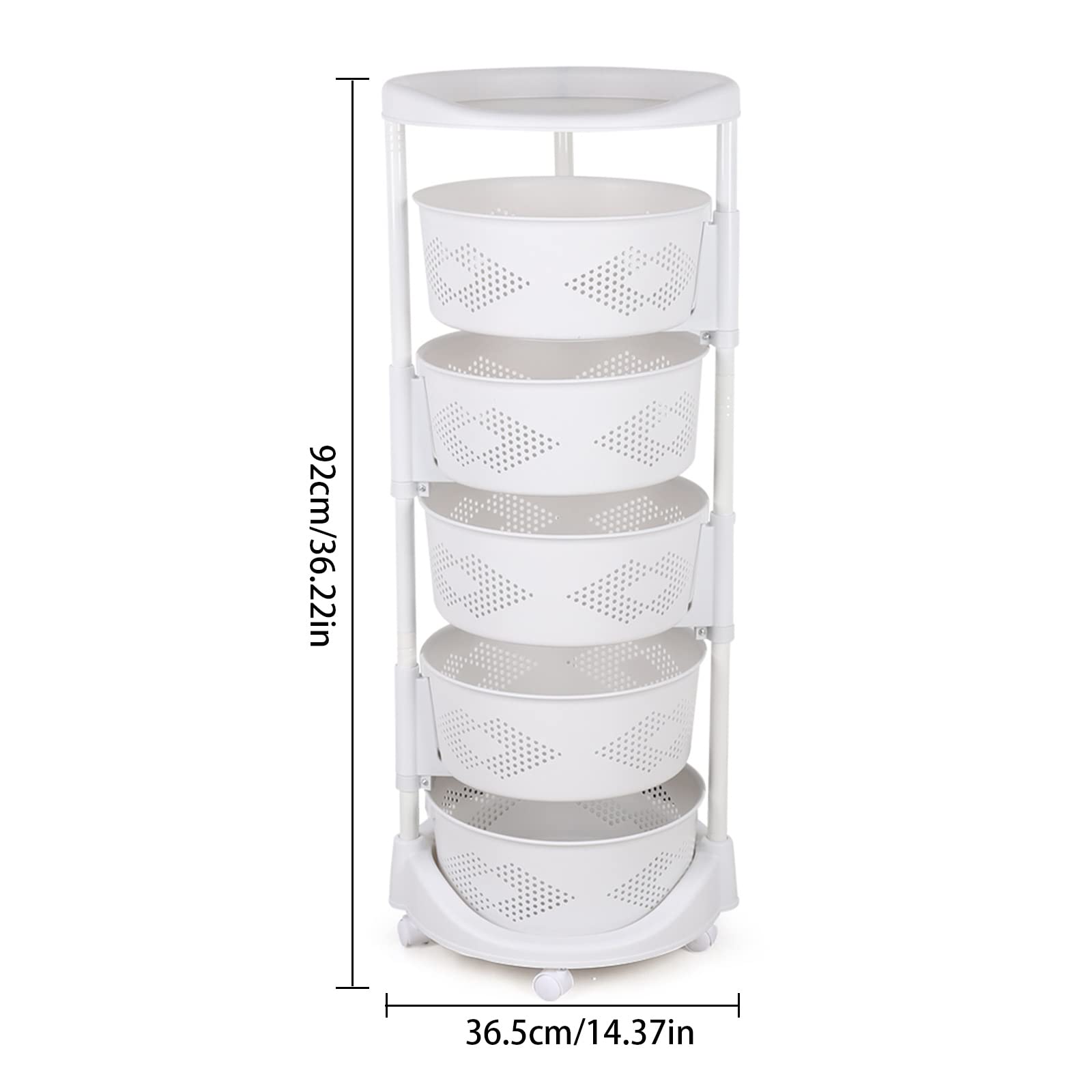 LGXSHOP 5 Tier Swivel Storage Rack, Vegetable Storage Rack, Storage Rack with Lockable Casters and Detachable Storage Basket, Kitchen Bathroom Living Room Dining Room Freestanding Organizer （White）