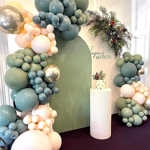 Dusty Sage Green Blue Gold Balloon Garland Kit, 107 PCS Pastel Olive Green Slate Blue Beige Metallic Gold Balloon Arch Kit for Women Men Boho Birthday Wedding Baby Bridal Shower Party Decorations