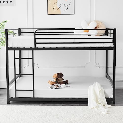 VINGLI Full Over Full Bunk Bed, Low Bunk Bed for Kids Floor Bed Full Size Bunk Bed for Adults,Heavy Duty Metal Slat, No Box Spring Needed, Black