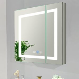 ladeed lighted medicine cabinet with mirror outlet,30 x 26 inch,recessed or surface-mounted led medicine cabinet mirror for bathroom storage,interior light, double door,defog,stepless dimming