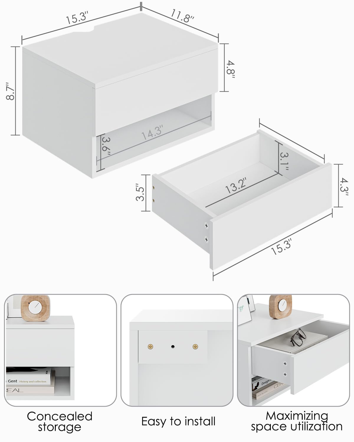 Aobafuir Floating Nightstand, Small Modern Floating Nightstand with Drawer, Floating Shelves for Bedroom, Bathroom (White)