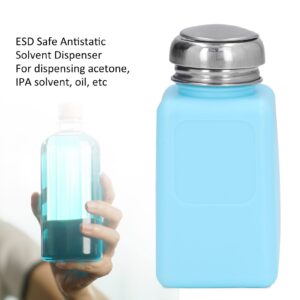 Solvent Dispenser, 200ml Push Down Alcohol Dispenser Pump Bottle ESD Safe Anti Static Square Bottle with Stainless Steel Lid Liquid Pumping Empty Cap for Alcohol Makeup Remover (Blue)