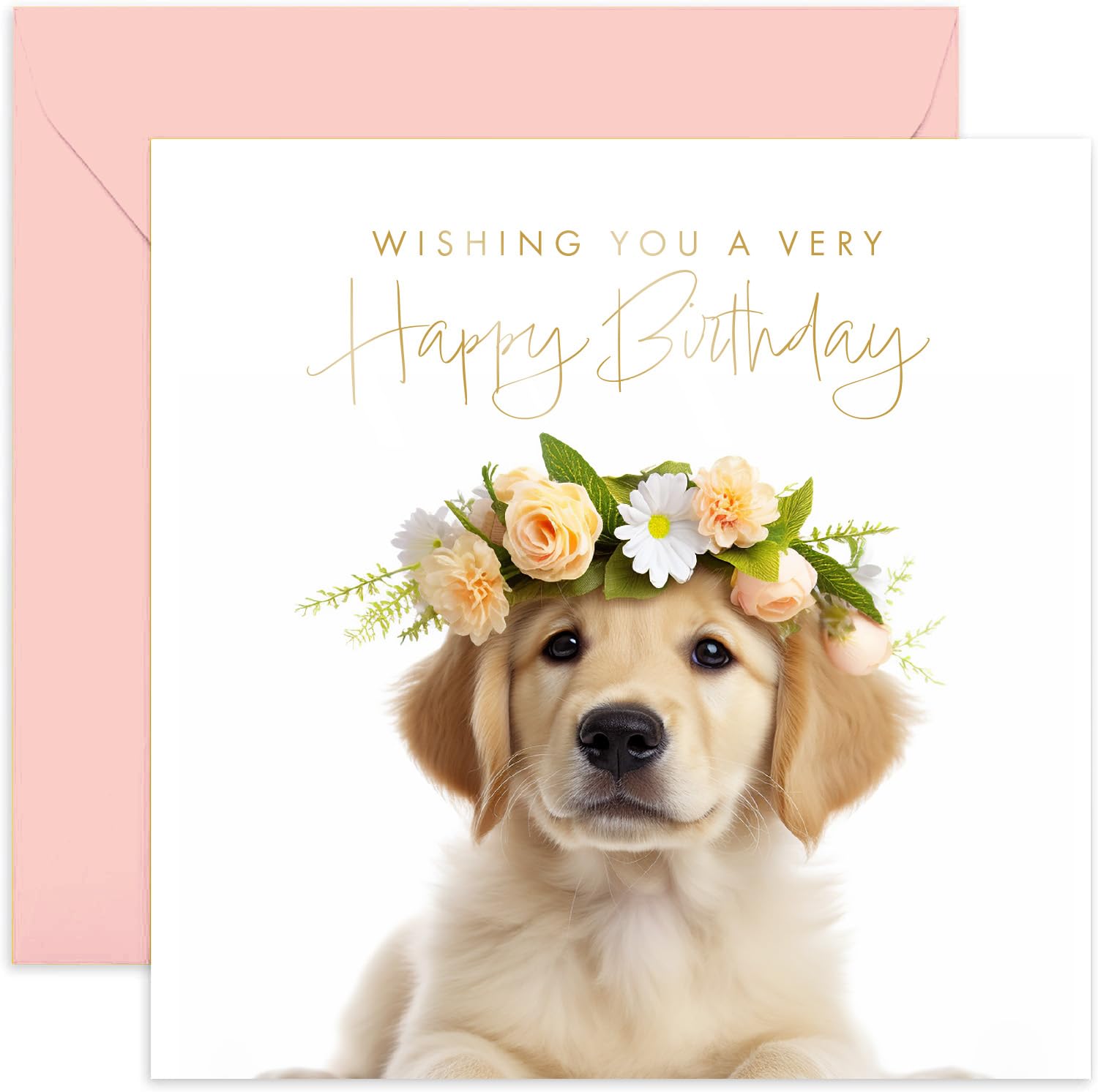 Old English Co. Golden Labrador Puppy Very Happy Birthday Card for Her - Golden Labrador Dog Floral Birthday Card for Women - Cute Birthday Cards for Sister, Mum, Daughter, Friend | Blank Inside…