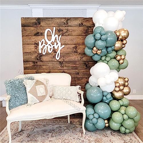 Dusty Sage Green Blue Gold Balloon Garland Kit, 107 PCS Pastel Olive Green Slate Blue Beige Metallic Gold Balloon Arch Kit for Women Men Boho Birthday Wedding Baby Bridal Shower Party Decorations