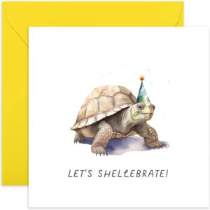 old english co. fun well done card for friends and family - 'let's shellebrate' tortoise whitty animal pun birthday card for him her - graduation, new job, promotion card | blank inside envelope