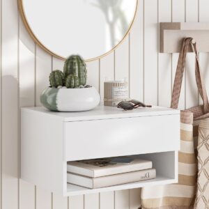 Aobafuir Floating Nightstand, Small Modern Floating Nightstand with Drawer, Floating Shelves for Bedroom, Bathroom (White)