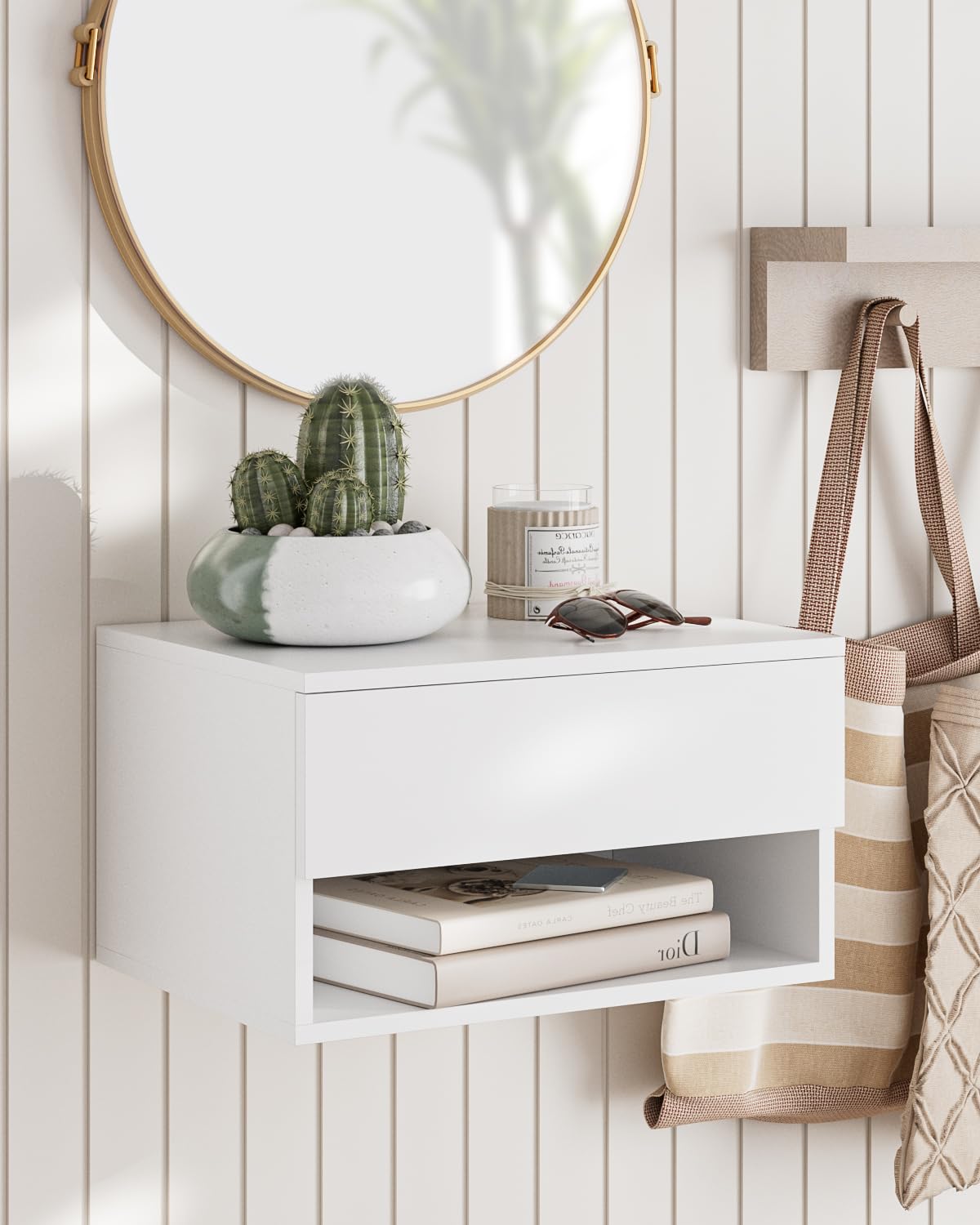 Aobafuir Floating Nightstand, Small Modern Floating Nightstand with Drawer, Floating Shelves for Bedroom, Bathroom (White)