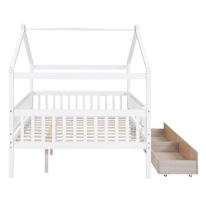 House Bed with Fence Storage, Full Size Montessori Style Beds with Railings and 2 Drawers, Wooden Playhouse Bed Frame for Kids Girls Boys, White