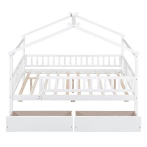 House Bed with Fence Storage, Full Size Montessori Style Beds with Railings and 2 Drawers, Wooden Playhouse Bed Frame for Kids Girls Boys, White