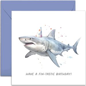 old english co. funny shark birthday card for him or her - 'fintastic birthday' humorous birthday card for men and women - birthday card for brother, sister, son, daughter | blank inside envelope