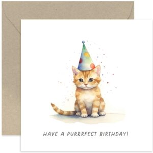 old english co. kitten party hat funny birthday card for him or her - 'purrrfect birthday' - witty animal pun card for friends - cute design for kids and adults - birthday card | blank inside envelope