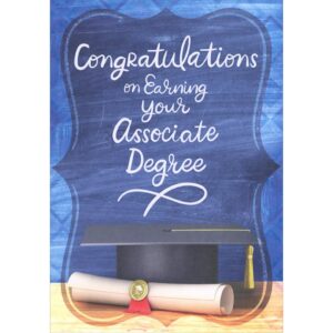 designer greetings earning your associate degree: cap and rolled diploma photo on blue graduation congratulations card