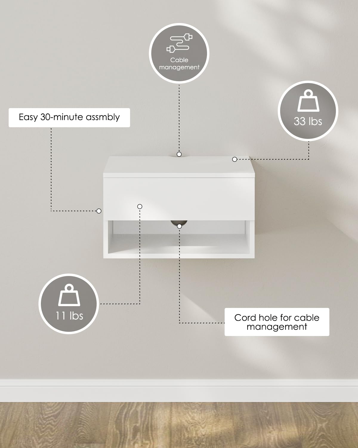 Aobafuir Floating Nightstand, Small Modern Floating Nightstand with Drawer, Floating Shelves for Bedroom, Bathroom (White)