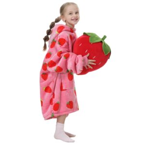 aemicion strawberry blanket hoodie gifts for kids,oversize sherpa wearable blanket,cozy sweatshirt blanket for girls