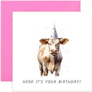 old english co. herd it's your birthday cow card for him or her - funny birthday card for brother sister mum dad - humorous animal birthday card for men women | blank inside with envelope