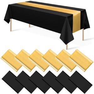 12pack 12x108 inch satin table runner and 54x108inch plastic tablecloths set black and gold disposable rectangle table cover for graduation wedding bridal shower anniversary birthday party decorations