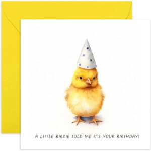 old english co. cute little birdie birthday card - 'a little birdie told me it's your birthday' fun birthday card for him or her - chick birthday card for men and women | blank inside envelope