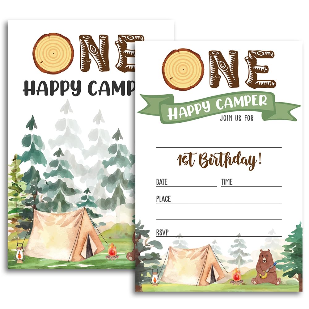 FujLoy Happy Camper Invitation, One Happy Camper Birthday Invitation, Camper Party Invitations cards.（069）