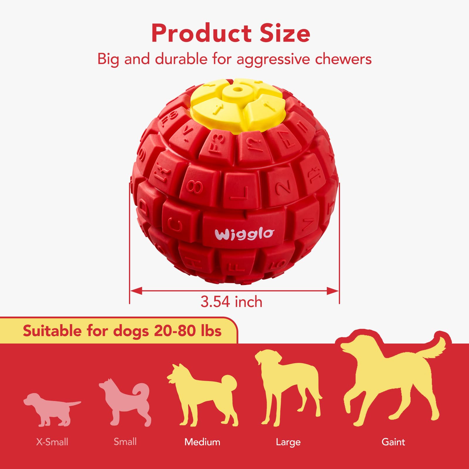 Wigglo Tough Durable Dog Ball Toy for Aggressive Chewers, Natural Rubber Dog Toy for Large/Medium Dogs, 3.5" Diameter Dog Ball Chew Toy, Helps with Dog Separation Anxiety, Dishwasher Safe, Red