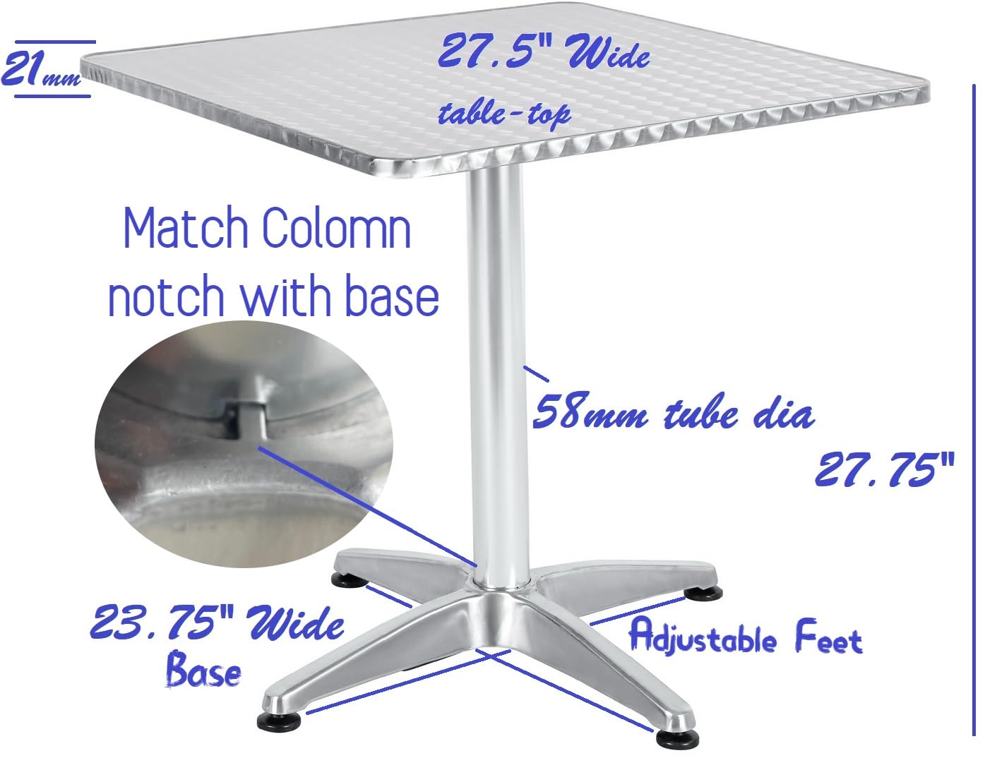 BTEXPERT Indoor Outdoor 27.5" Square Restaurant Table for Patio Stainless Steel Silver Aluminum Furniture with Base Set of 2