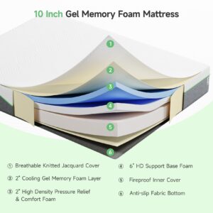 koorlian King Size Mattress, 10 Inch Gel Memory Foam Mattress in a Box with Breathable Knitted Cover, Pressure Relief Supportive King Mattress with Motion Isolation, Green