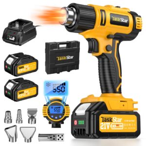 taskstar heat gun with two 4.0ah battery,21v cordless heat gun 122℉-1022℉ fast heating soldering,hot air gun kit with lcd digital,6 nozzle, led light,suitcase for shrink tubing, pvc wrap, crafts