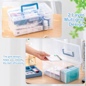 Leinuosen 2 Pcs 2 Layer Clear Plastic Dividing Storage Box with Removable Tray Multipurpose Stationery Storage Box with Handle Portable Sewing Box Transparent Case for Home, 11.42x6.3x5.71 In(Blue)