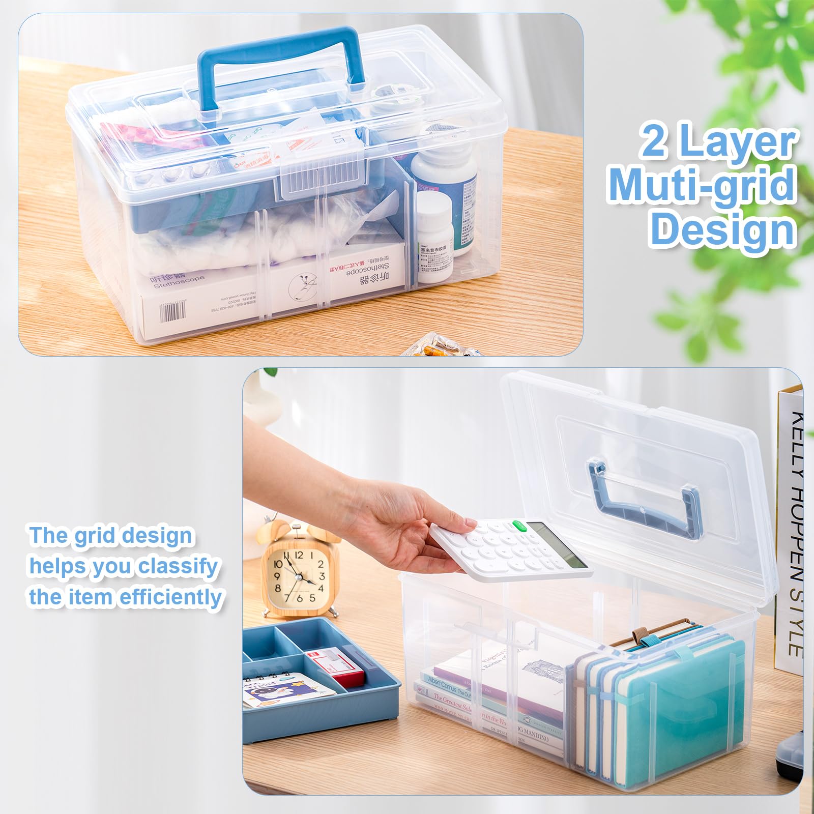 Leinuosen 2 Pcs 2 Layer Clear Plastic Dividing Storage Box with Removable Tray Multipurpose Stationery Storage Box with Handle Portable Sewing Box Transparent Case for Home, 11.42x6.3x5.71 In(Blue)