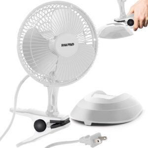 rampro clip on fan & desk fan, small clip fan with sturdy clamp, 6 inch portable clip on fan plug-in quiet personal cooling bed fan for home, camping, 2 speed clip fans with adjustable tilt, white