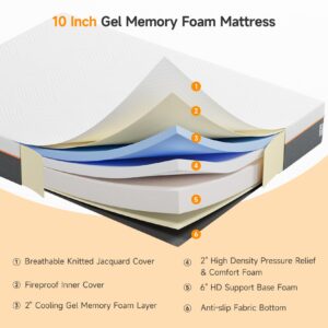 koorlian Full Size Mattress, 10 Inch Gel Memory Foam Mattress for Cooling Sleep & Pressure Relief, Full Bed Mattress in a Box with Breathable Knitted Cover, Fiberglass Free, Orange