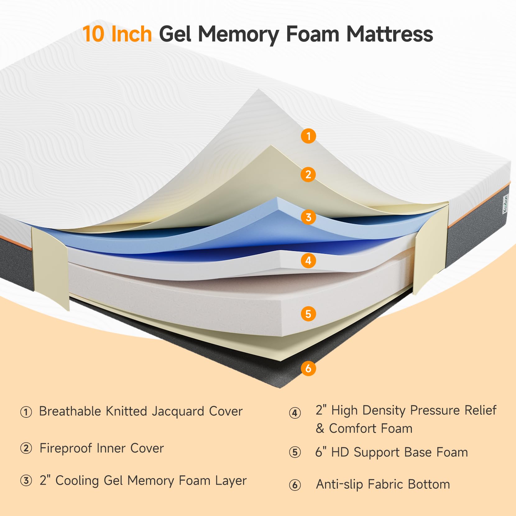 koorlian Full Size Mattress, 10 Inch Gel Memory Foam Mattress for Cooling Sleep & Pressure Relief, Full Bed Mattress in a Box with Breathable Knitted Cover, Fiberglass Free, Orange