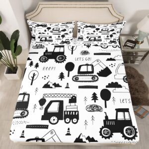 Construction Bed Sheets Set Full Size Equipment Trucks Sheet Set for Kids Boys Girls Decor Cartoon Car Excavator Tractor Sheets with Deep Pocket Fitted Sheet Black White Bedding Set Bedroom