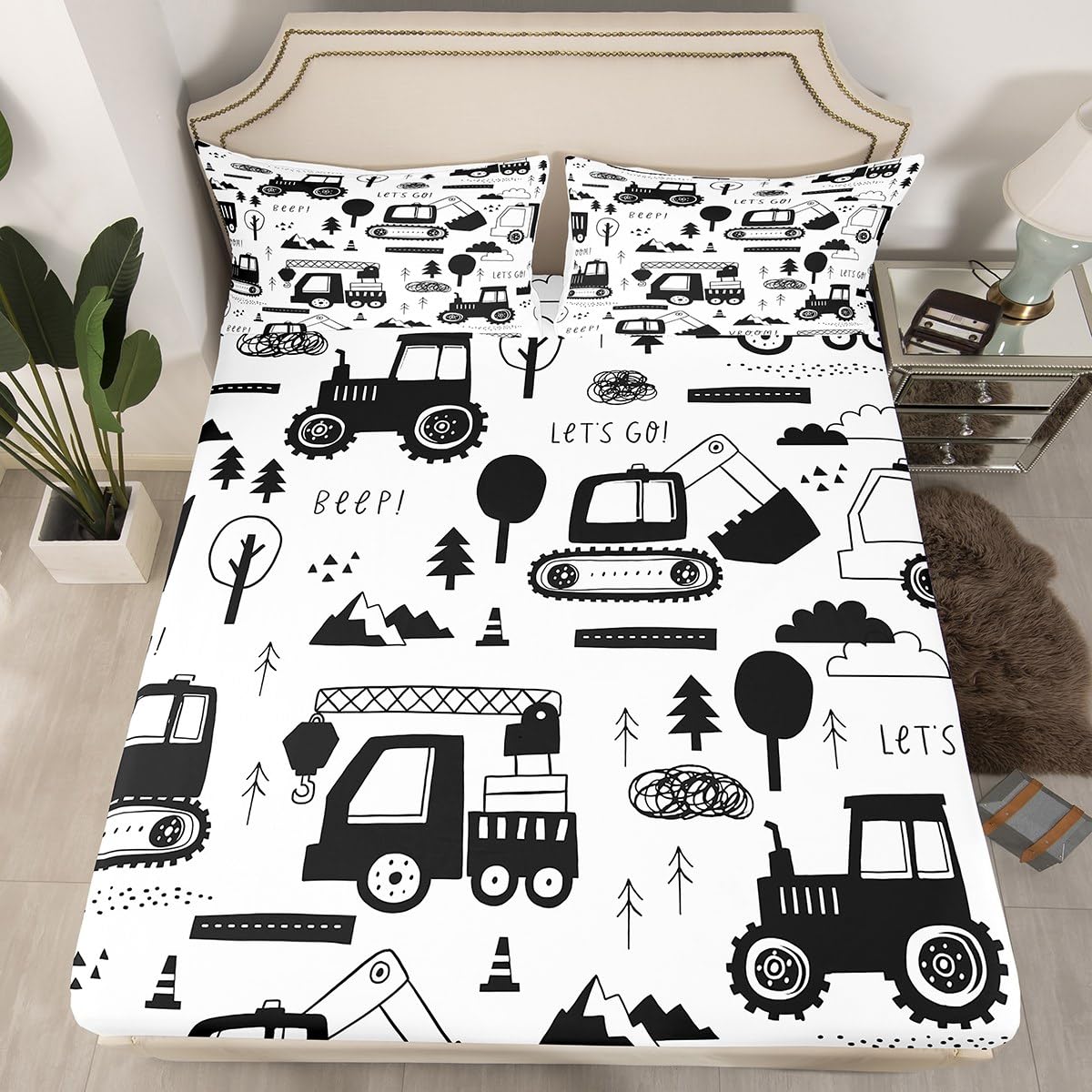 Construction Bed Sheets Set Full Size Equipment Trucks Sheet Set for Kids Boys Girls Decor Cartoon Car Excavator Tractor Sheets with Deep Pocket Fitted Sheet Black White Bedding Set Bedroom