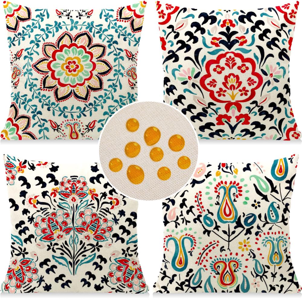 Cirzone Outdoor Pillows, Outdoor Pillow Covers 18x18 Set of 4 Waterproof Decorative Throw Pillow Covers Boho Decorations for Patio, Garden, Balcony