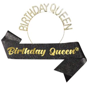 birthday sash for women & birthday crown - 2pc set - birthday sash and birthday tiara. ideal birthday decorations for women, birthday headband, birthday queen sash, birthday party decorations (black)