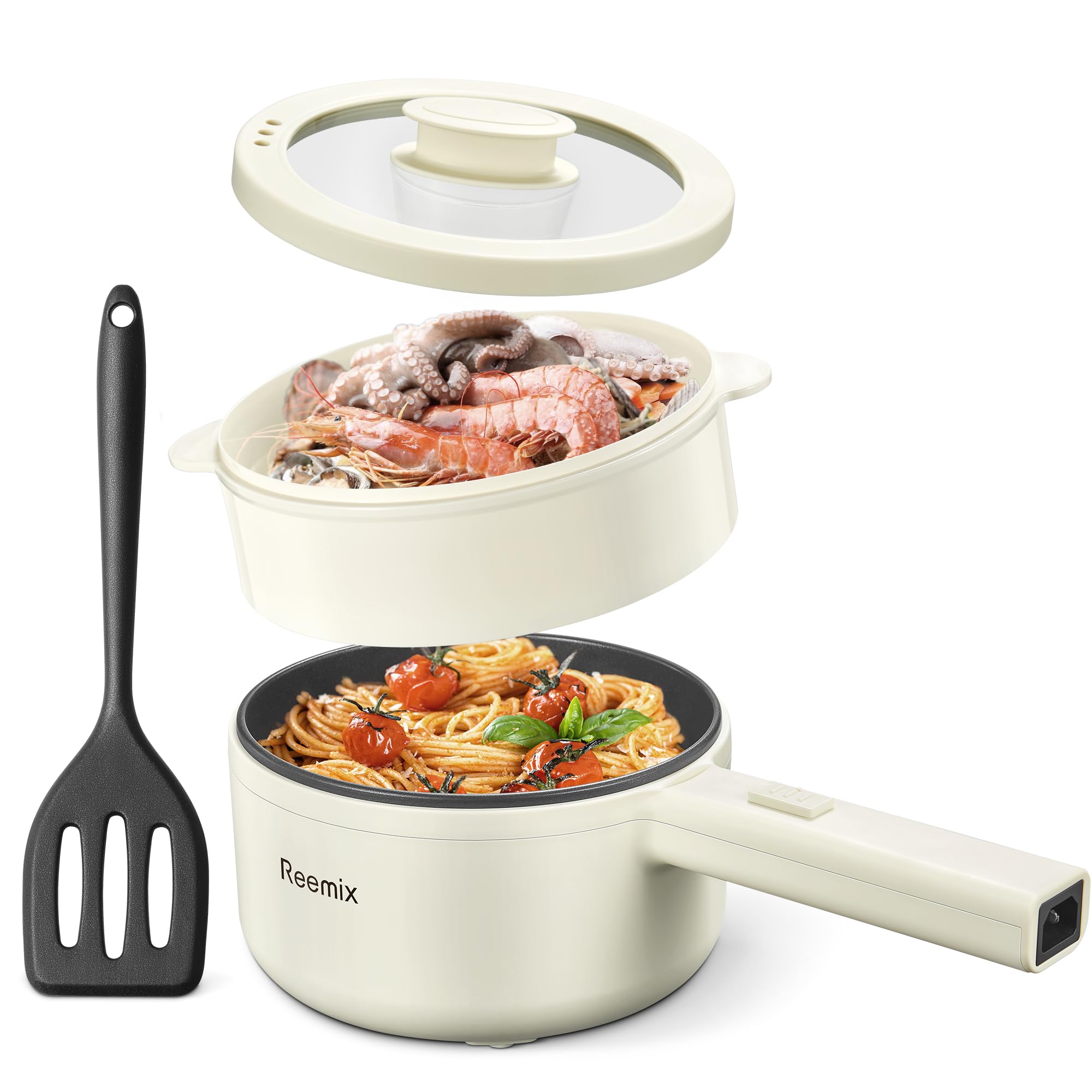 Hot Pot Electric With Steamer, 1.6L Ramen Cooker Non-Stick Sauté Pan for Steak, Egg, Fried Rice, Ramen, Oatmeal, Soup, Portable Personal Perfect Suit Dorm Room and Apartment (White)