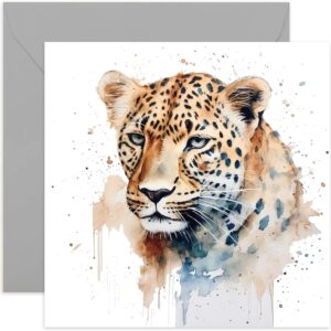 old english co. watercolour leopard greeting card for birthday - cute birthday card for mum, nan, her - wildlife art card for thinking of you, thank you, just because | blank inside envelope