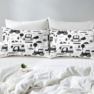 Construction Bed Sheets Set Full Size Equipment Trucks Sheet Set for Kids Boys Girls Decor Cartoon Car Excavator Tractor Sheets with Deep Pocket Fitted Sheet Black White Bedding Set Bedroom