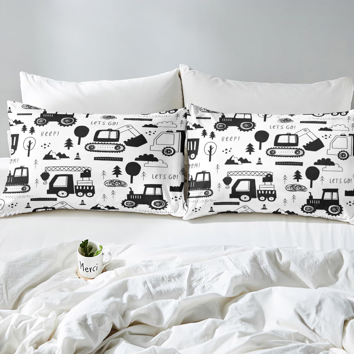 Construction Bed Sheets Set Full Size Equipment Trucks Sheet Set for Kids Boys Girls Decor Cartoon Car Excavator Tractor Sheets with Deep Pocket Fitted Sheet Black White Bedding Set Bedroom