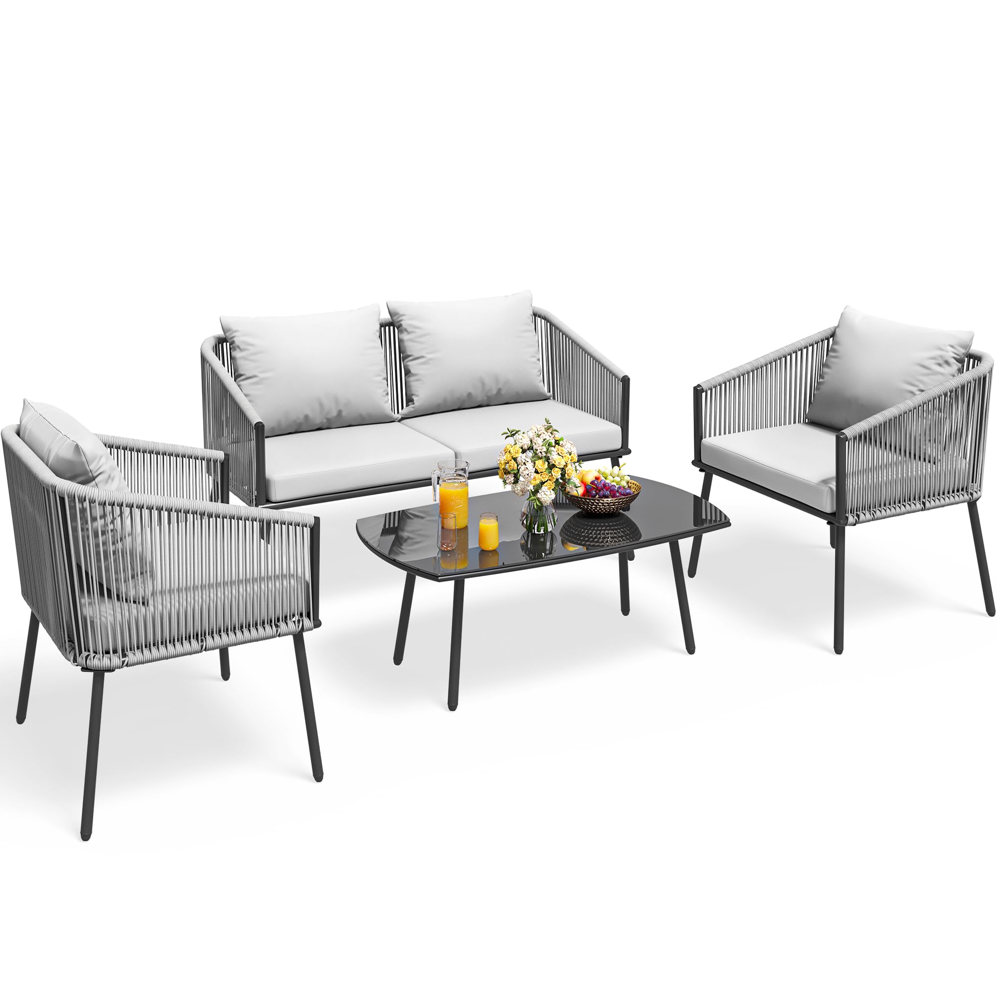 YITAHOME 4-Piece Patio Furniture Outdoor Bistro Set, All Weather Double Gray Rope Conversation Loveseat for Backyard, Balcony, Deck with Soft Cushions and Metal Table (Gray)