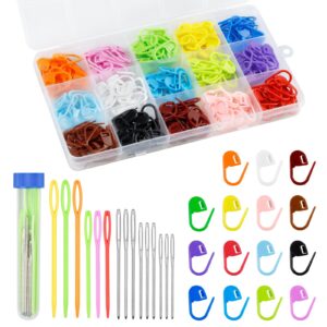 fiveizero 220/900 pieces stitch markers,with 15 pcs large eye blunt sewing needles,colorful crochet stitch markers for knitting stitch locking clips crochet pins with storage box