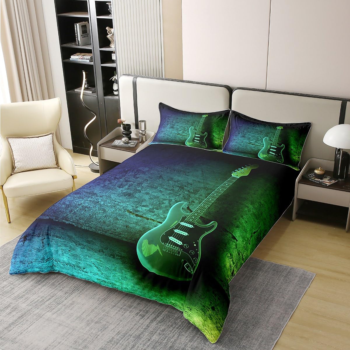 jejeloiu Guitar Duvet Cover 100% Cotton Queen Size Music Themed Guitar Bedding 100% Cotton Set Guitar Instruments Print Comforter Cover Ultra Soft Decor Musical Pattern Bedspread Cover Zipper