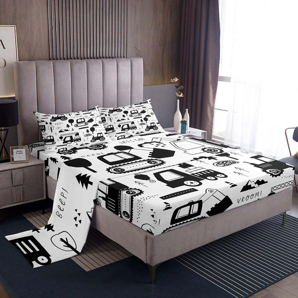 Construction Bed Sheets Set Full Size Equipment Trucks Sheet Set for Kids Boys Girls Decor Cartoon Car Excavator Tractor Sheets with Deep Pocket Fitted Sheet Black White Bedding Set Bedroom