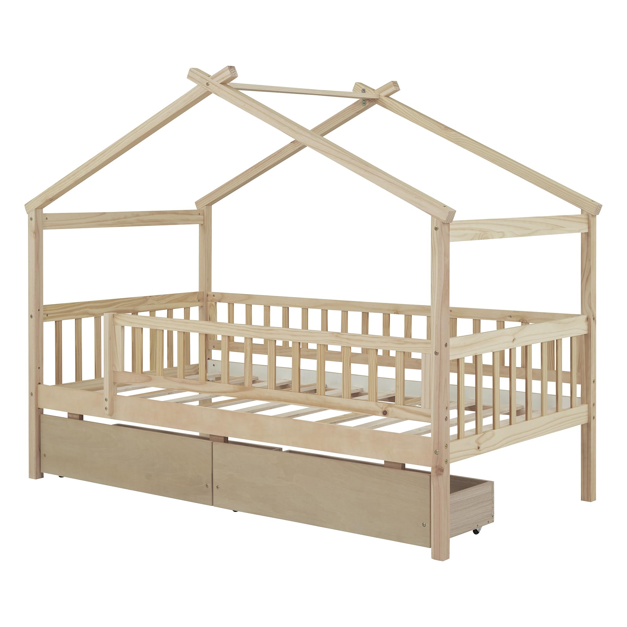 House Bed with Fence Storage, Twin Size Montessori Style Beds with Railings and 2 Drawers, Wooden Playhouse Bed Frame for Kids Girls Boys, Natural