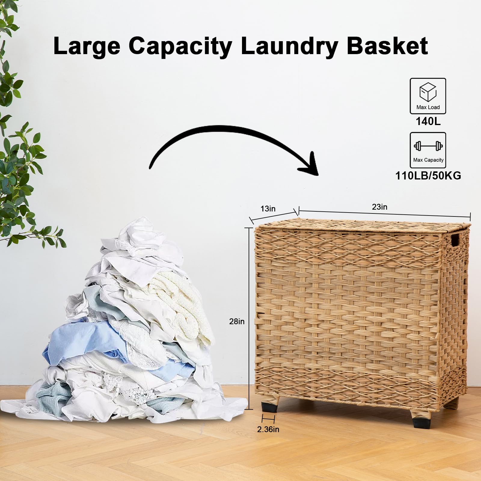 OIAHOMY Laundry Hamper with Lid, 140L Synthetic Rattan Clothes Hamper with Handles, Handwoven Large Laundry Basket with 3 Removable Liner Bags, Foldable, Laundry Room, Bedroom, 27*13*26 Inches, Yellow